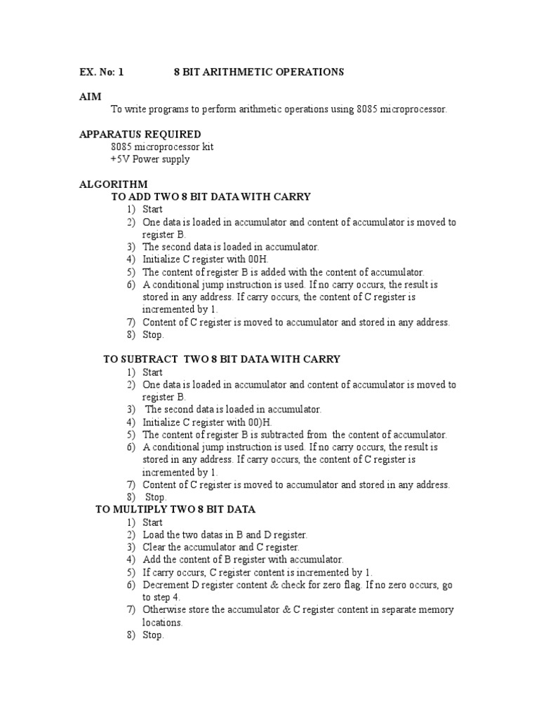 8-Bit and 16-Bit Arithmetic Operations Using the 8085 Microprocessor | PDF | Division ...
