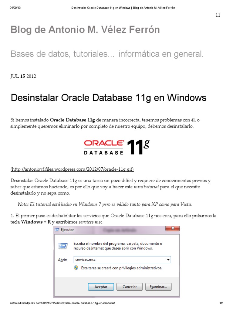 Desinstalar Oracle Database 11G en Windows | PDF | Base de datos Oracle | Oracle Corporation