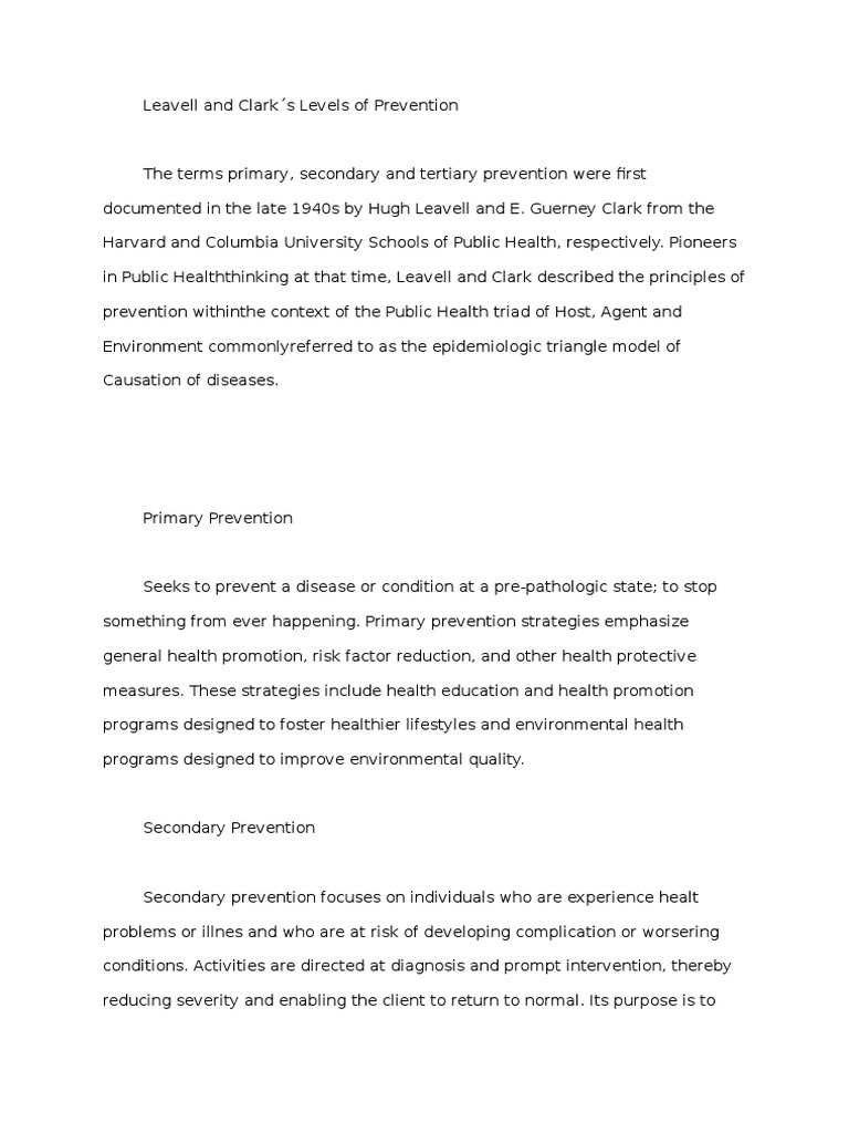 Leavell and Clark's Prevention Model | PDF