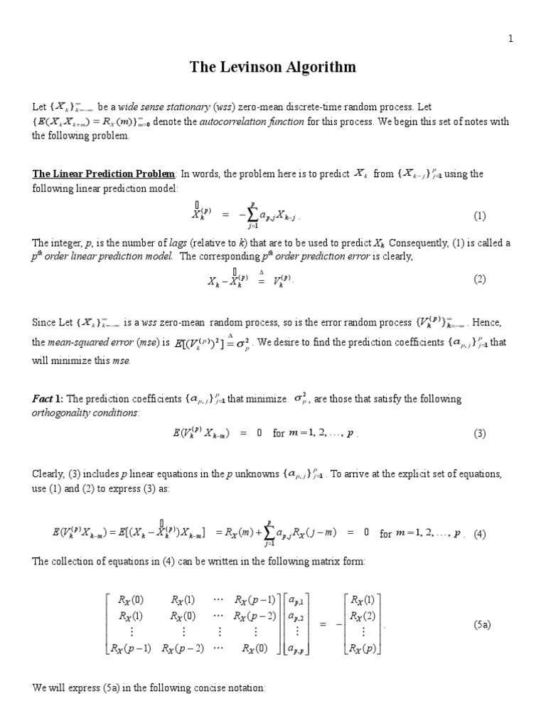 The Levinson Algorithm: The Linear Prediction Problem: in Words, The ...
