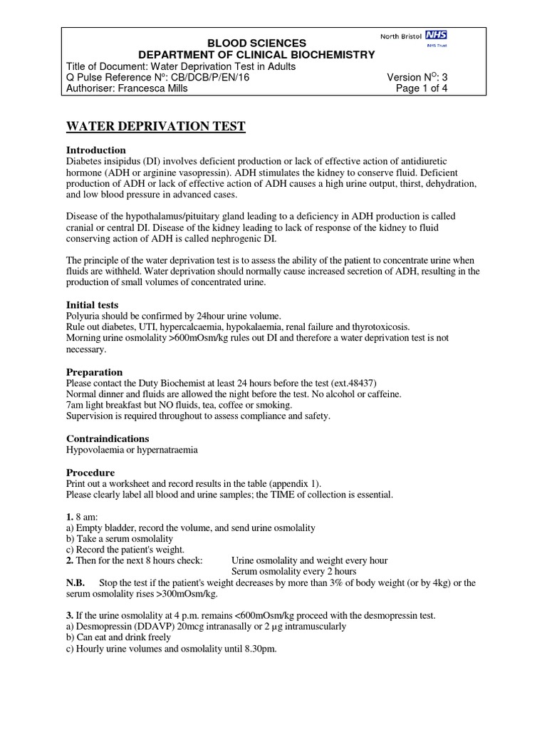 Water Deprivation Test in Adults | PDF | Medical Specialties ...