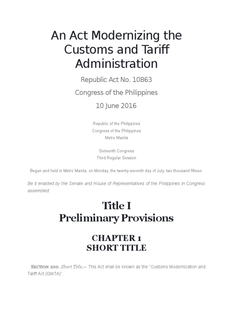 CMTA RA 10863 - An Act Modernizing the Customs and Tariff ...
