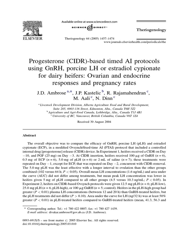 Progesterone CIDRbased Timed AI Protocols | PDF | Luteinizing Hormone ...