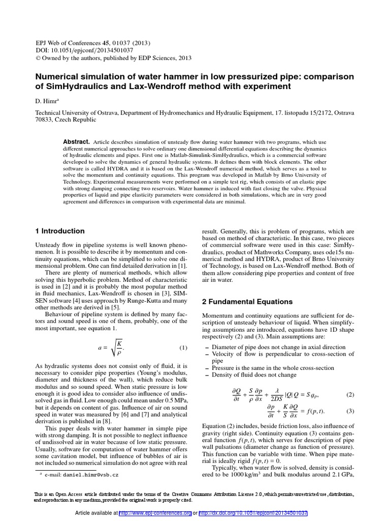 Numerical Simulacion of Watter Hammer | PDF | Pressure | Fluid Dynamics