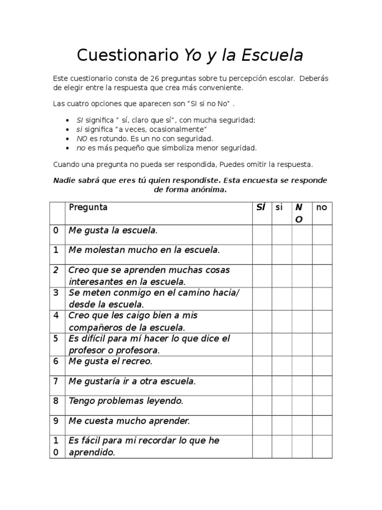 Cuestionario Yo y La Escuela | PDF