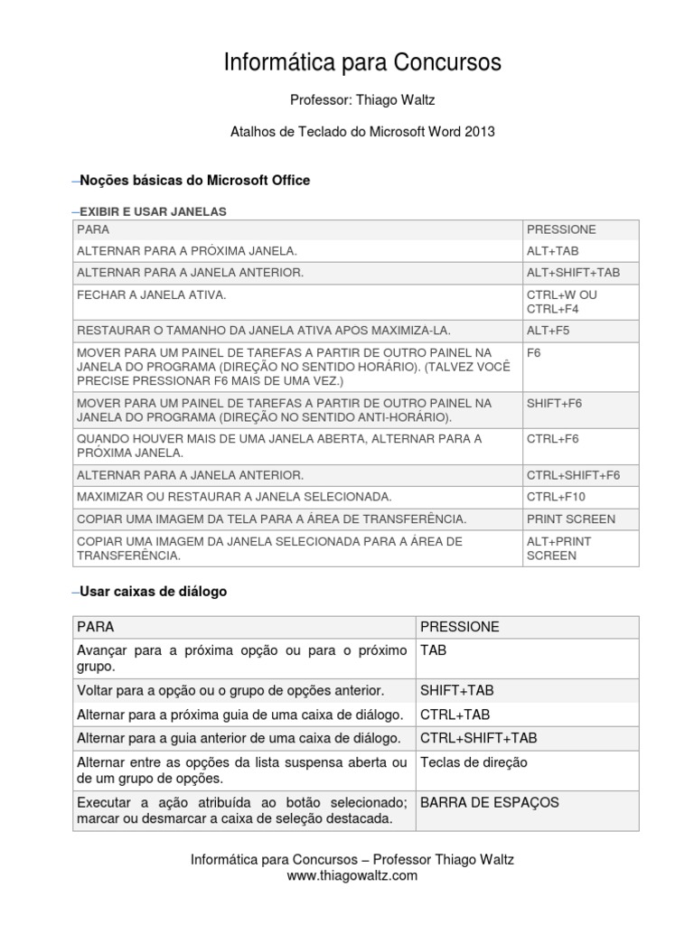 Atalhos - Microsoft Word 2013 | Janela (Computação) | Teclado de Computador