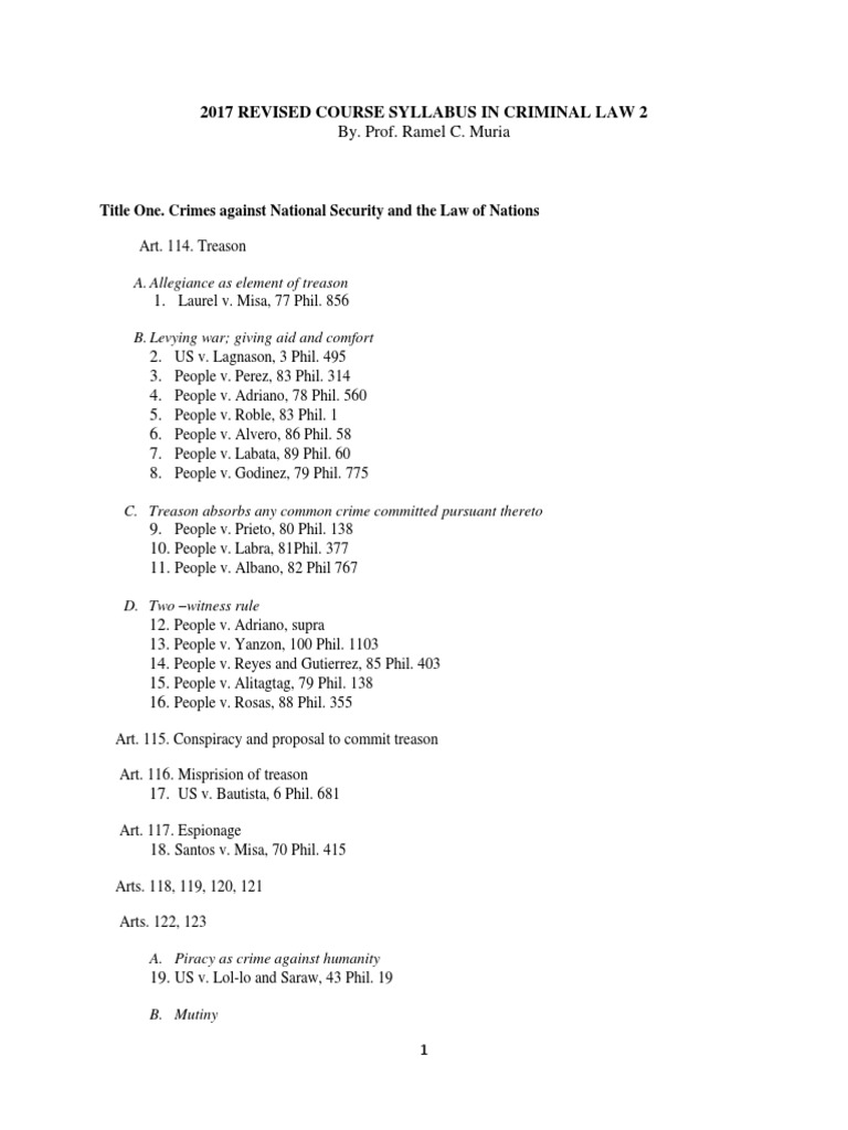Course Outline in Criminal Law 2 | PDF | Forgery | Arson