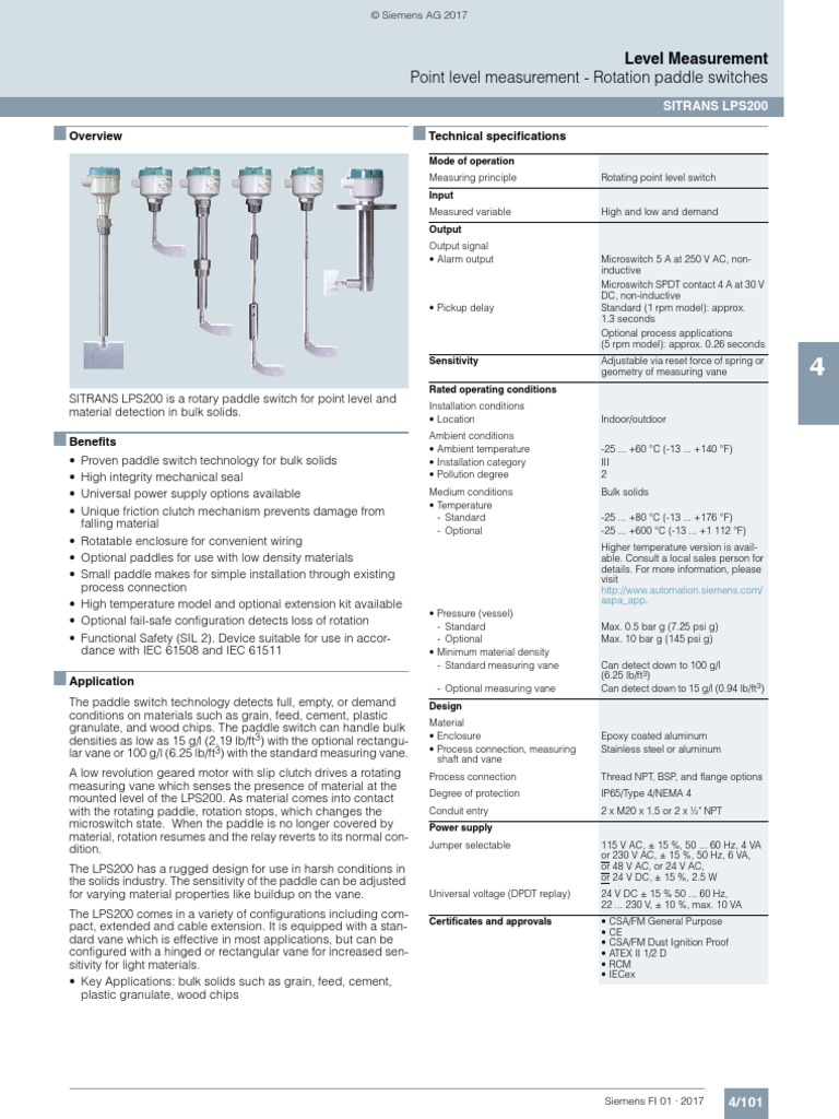 Sitransl Lps200 Fi01 en Siemens Paddle Sensor | PDF | Switch | Electrical Engineering