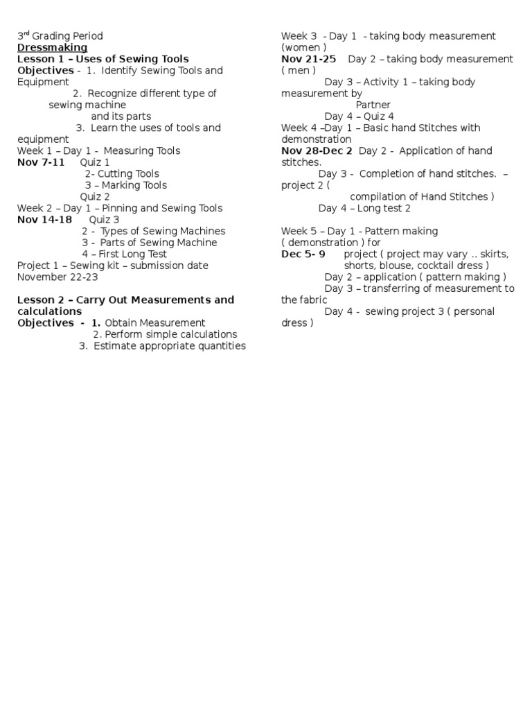 3rd Grading Period - Tle Grade 8 - Dressmaking | PDF