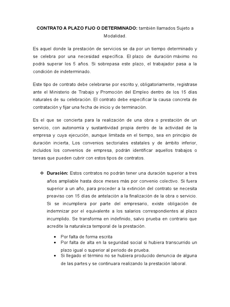 Contrato a Plazo Fijo en Perú | PDF | Derecho laboral | Salario