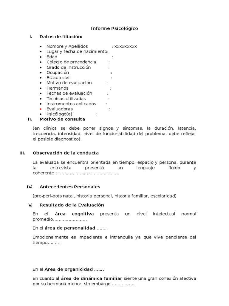 Modelo de Informe Psicológico | PDF