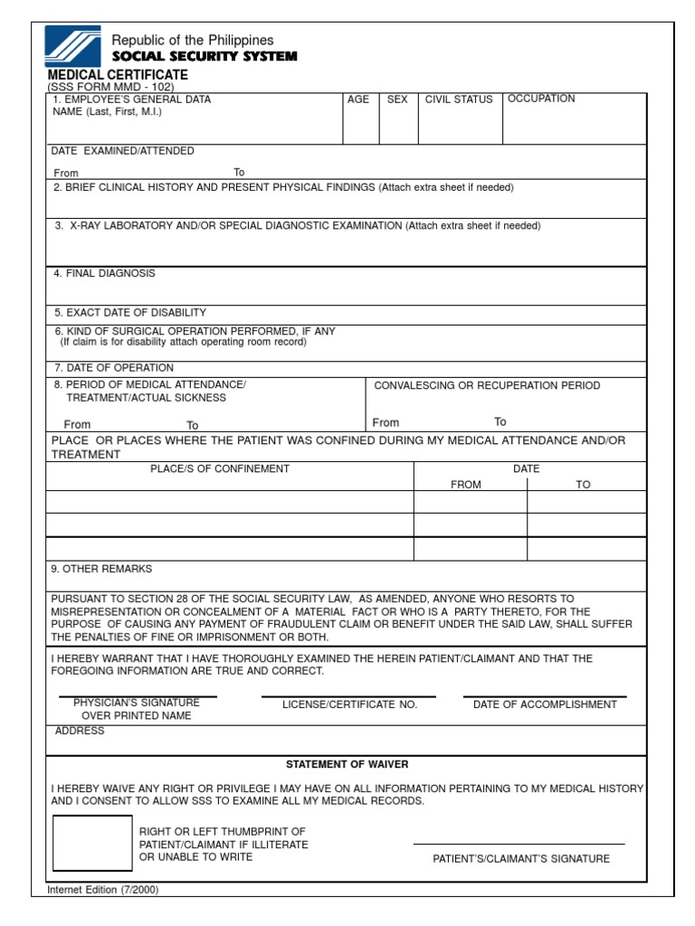 SSS Medical Certificate Form MMD-102 | PDF