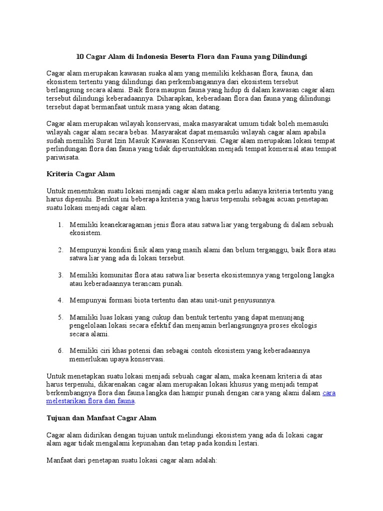 10 Cagar Alam Di Indonesia Beserta Flora Dan Fauna Yang Dilindungi | PDF