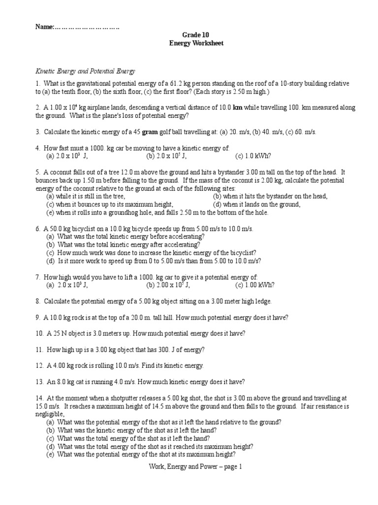 Energy Worksheet | PDF | Kinetic Energy | Force