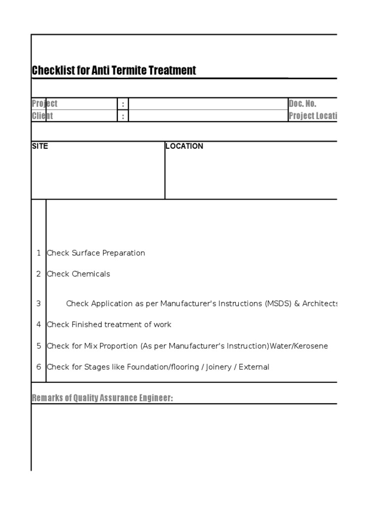 Checklist For Anti Termite Treatment | PDF
