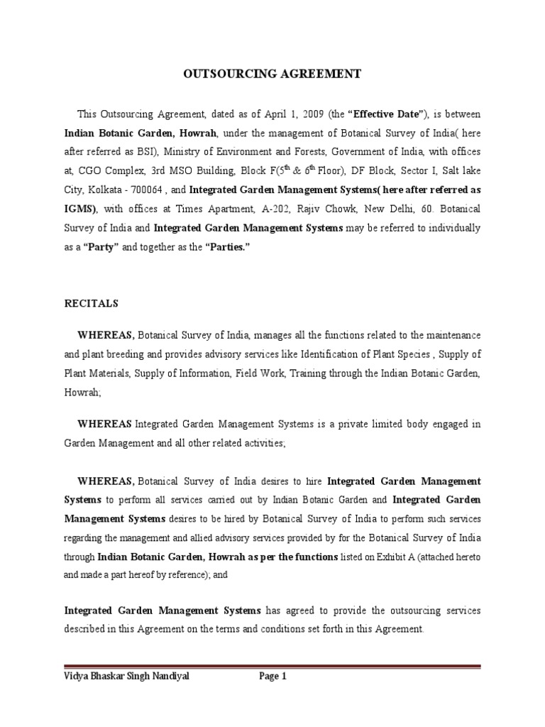 Format of An Outsourcing Agreement | PDF | Indemnity | Liquidation