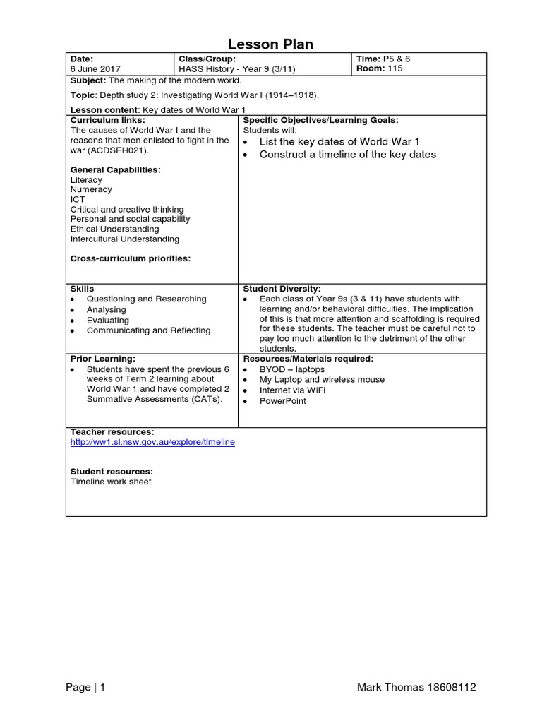 Year 9 WWI Lesson Plan Overview | PDF | Lesson Plan | Educational ...