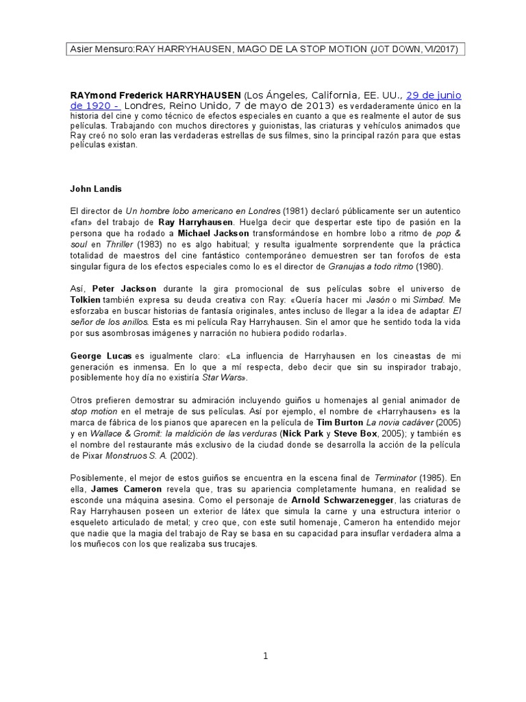 RAY HARRYHAUSEN-El Mago de La Stop Motion | PDF | Pinturas | Ocio