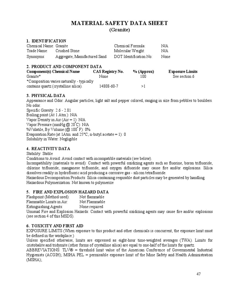 Material Safety Data Sheet: (Granite) | PDF | Silicon Dioxide | Lung