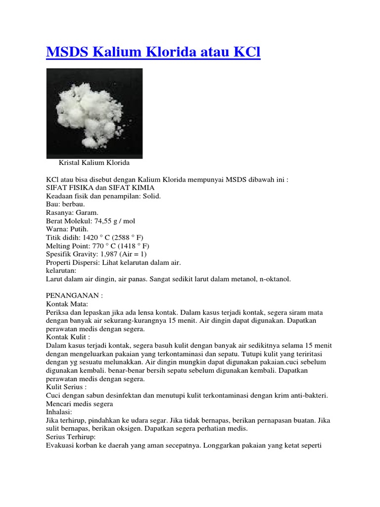 MSDS Kalium Klorida Atau KCL | PDF