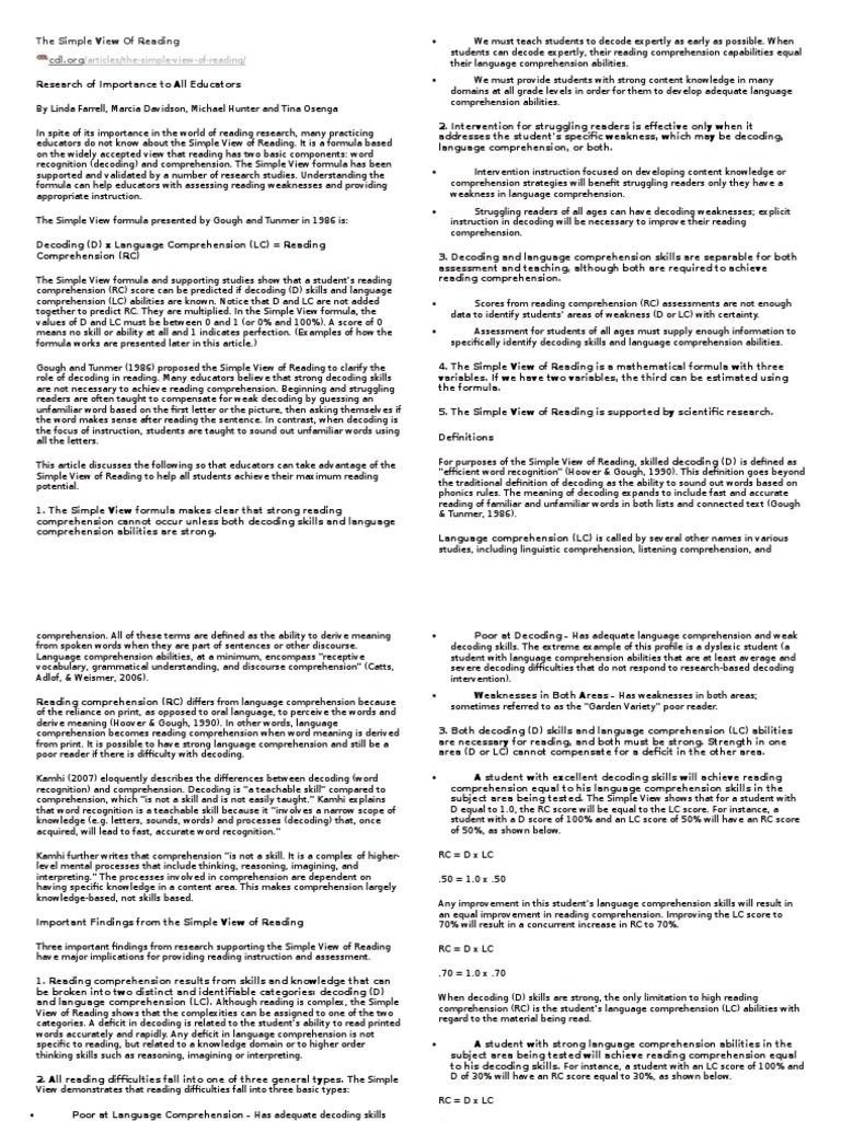 Understanding the Simple View of Reading | PDF | Reading Comprehension ...