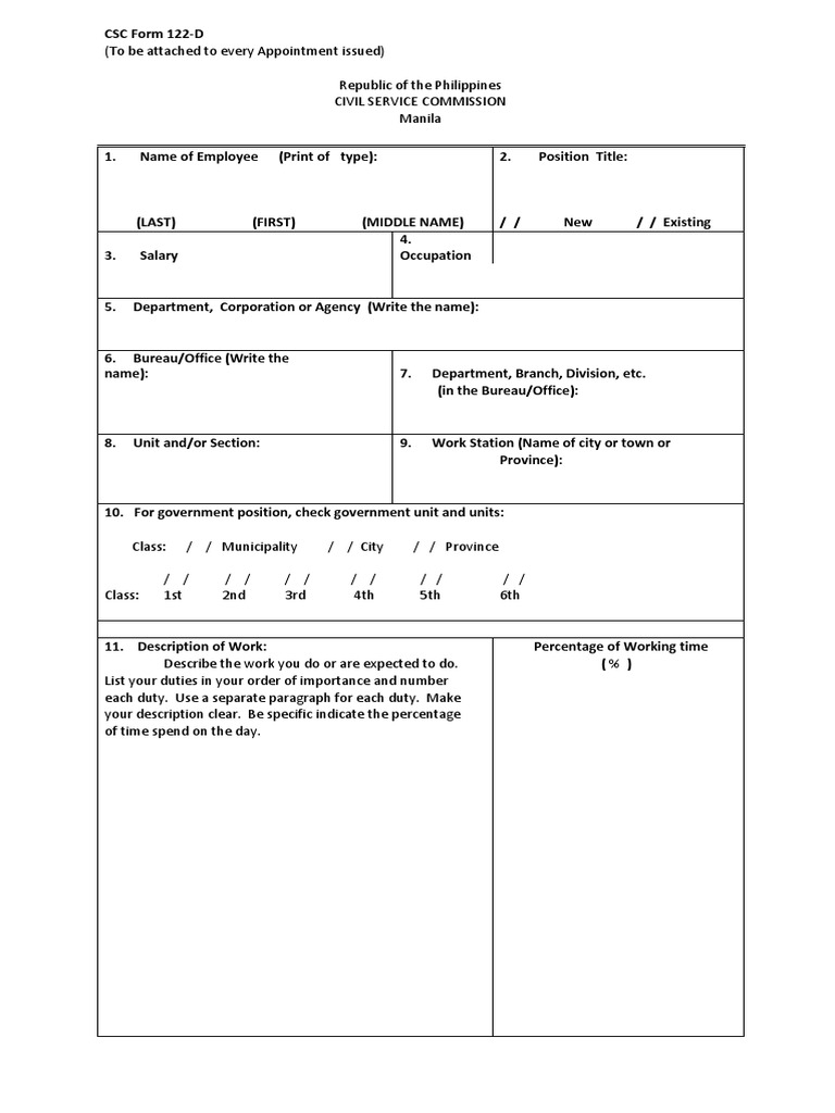 CSC Form 122 D PDF | PDF | Employment | Business