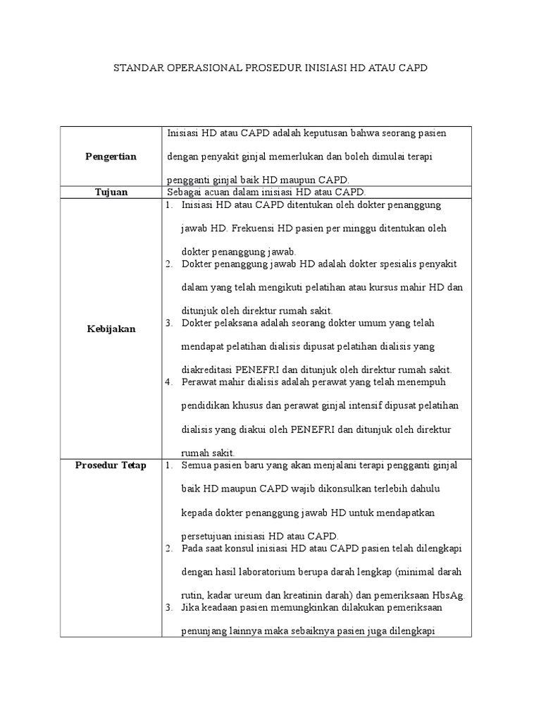 Standar Operasional Prosedur Inisiasi HD Atau Capd | PDF