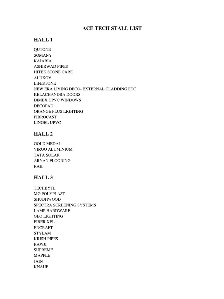 Ace Tech Stall List | PDF