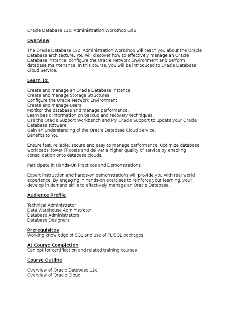 Oracle Database 12c Administration Workshop Ed 2 Pdf Oracle Database Databases