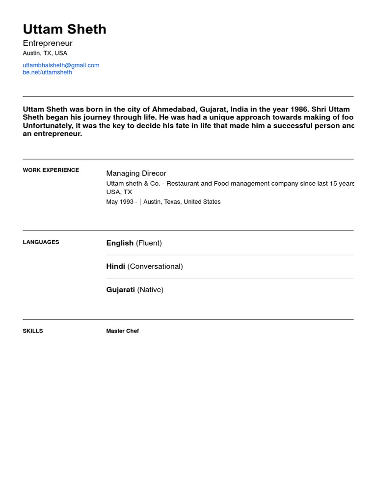 Uttam Sheth Story (Resume) | PDF