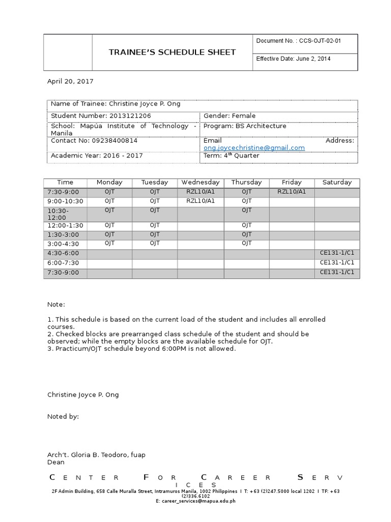 Trainee'S Schedule Sheet: Document No.: CCS-OJT-02-01 | PDF