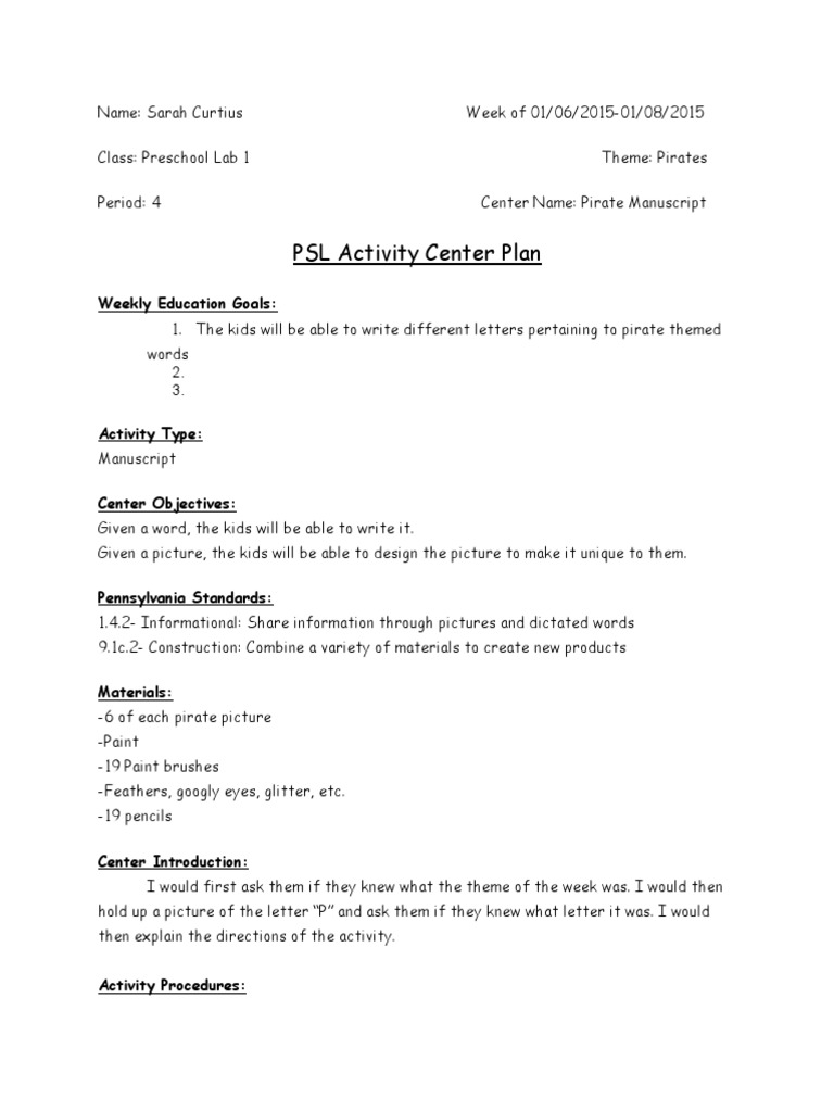 PSL Activity Center Plan: Weekly Education Goals | PDF
