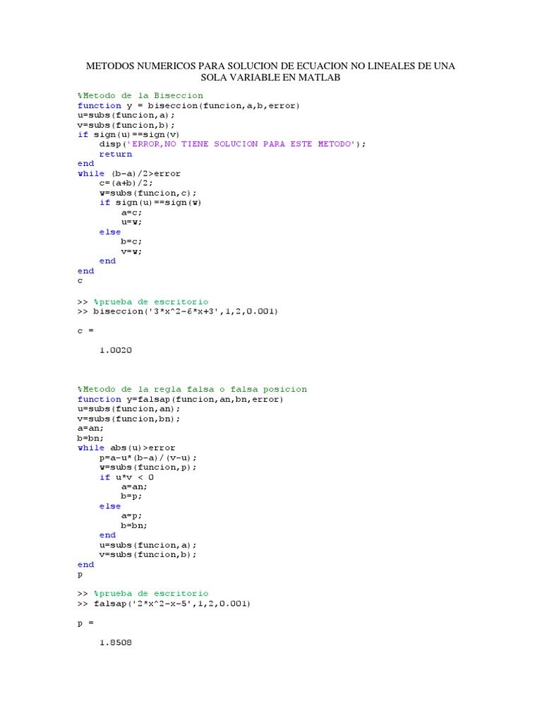 Metodos Numericos para Solucion de Ecuacion No Lineales de Una Sola Variable en Matlab | PDF ...