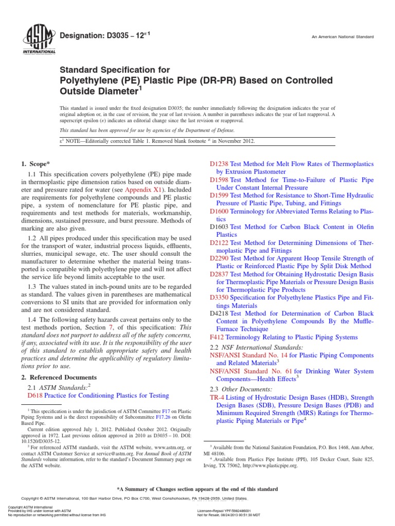 ASTM D3035 Standard Specification For Polyethylene Plastics Pipe and ...