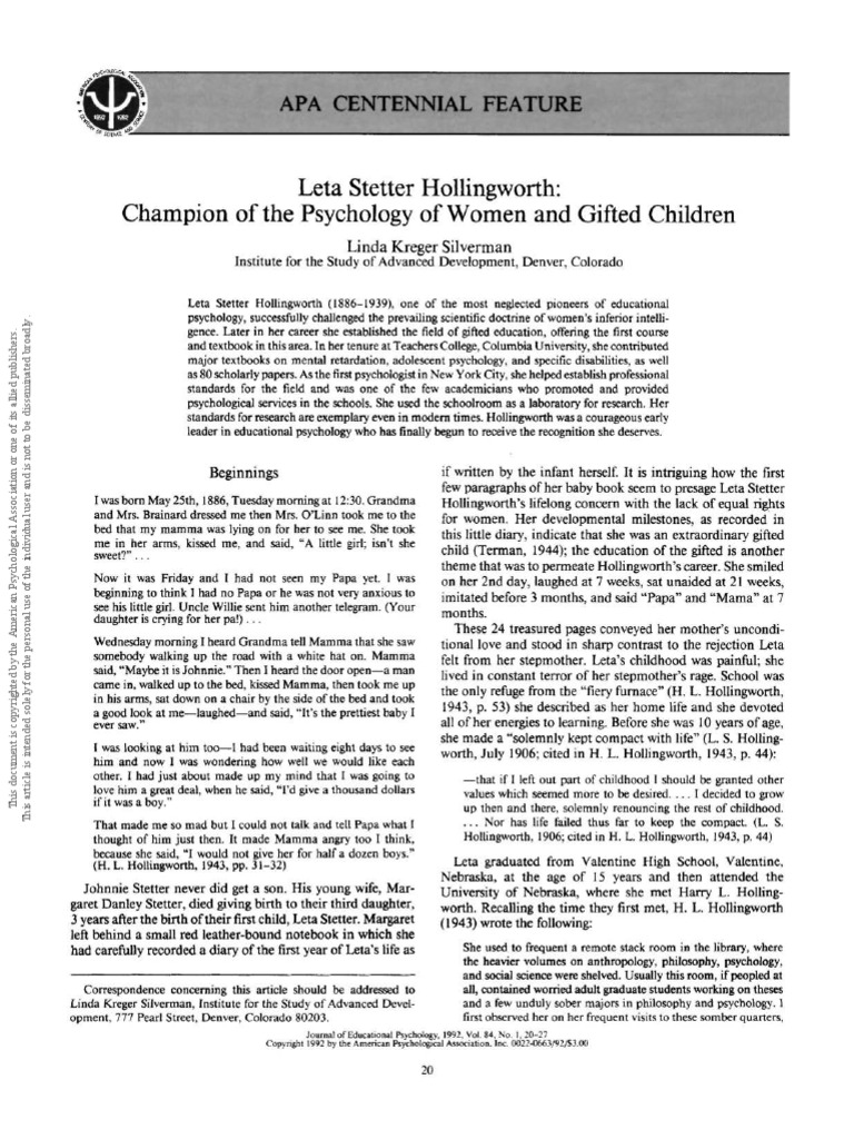 Leta Stetter Hollingworth- Champion of the Psychology of Women and ...