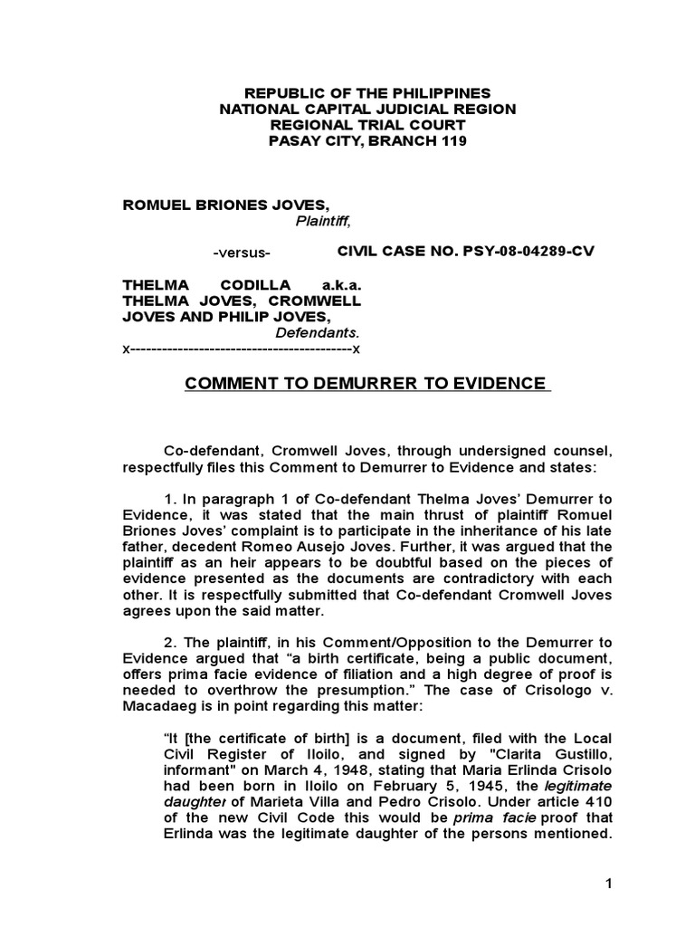 Comment on Demurrer to Evidence | PDF | Pleading | Demurrer