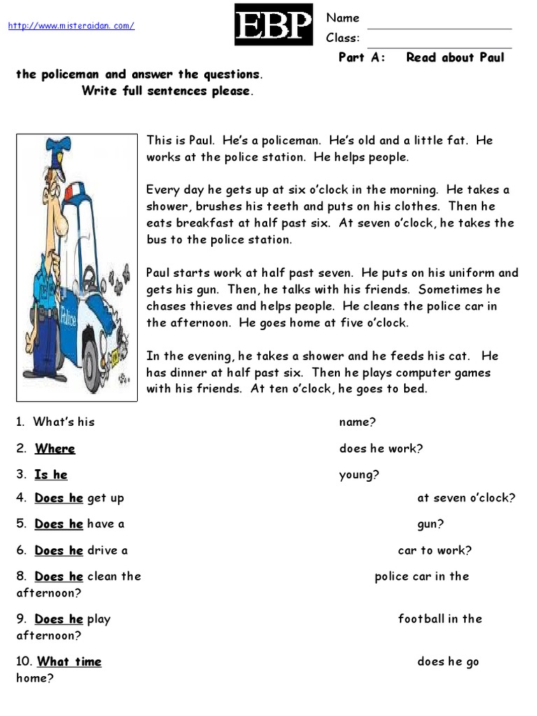 Paul The Policeman Reading Comprehension | PDF
