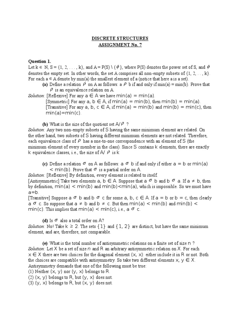 Discrete Structures Assignment No. 7: Solution: (Reflexive) For Any | PDF | Mathematical ...