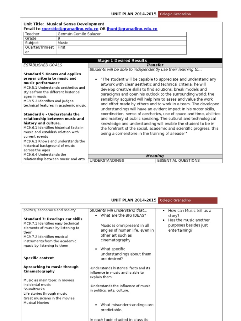 Musical Sense Development Unit Plan | PDF | Aesthetics | Educational ...
