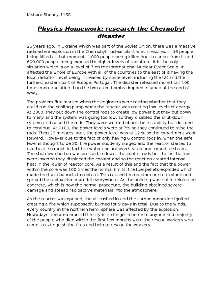 Physics Homework: Research The Chernobyl Disaster | PDF | Chernobyl ...