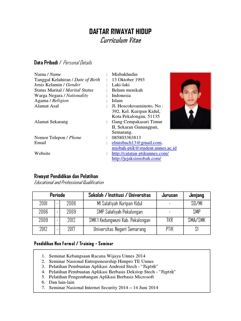 Contoh Curriculum Vitae (Daftar Riwayat Hidup) | PDF