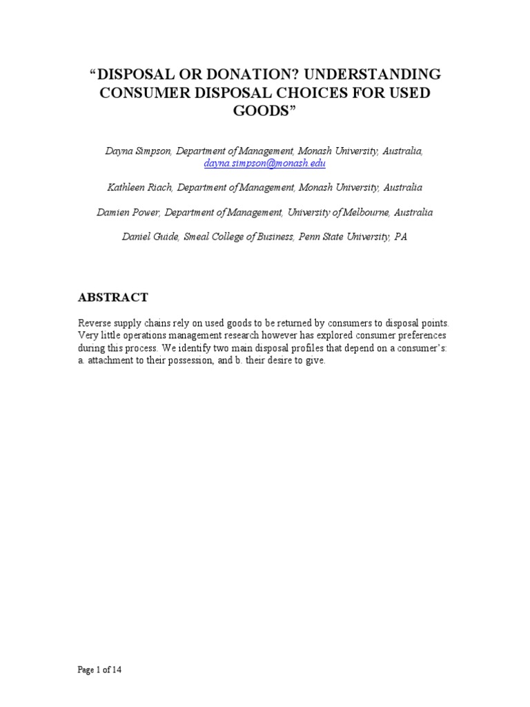 Disposal or Donation? Understanding Consumer Disposal Choices For Used ...