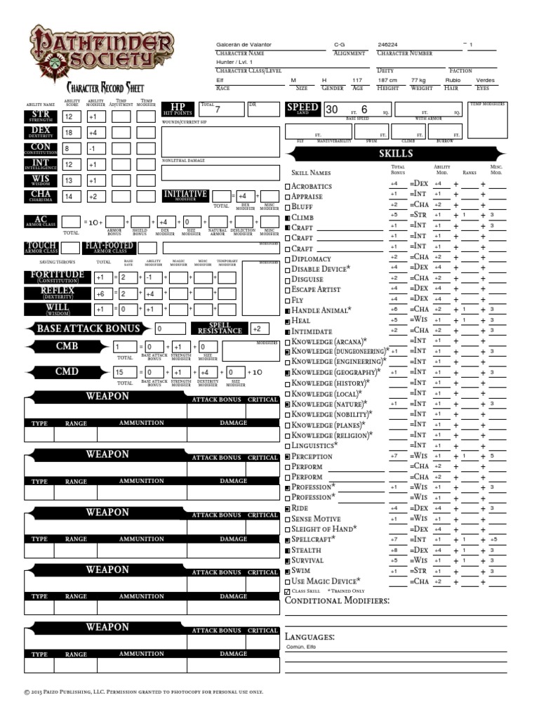 Character Sheet Pathfinder | PDF | Role Playing Games | Gaming