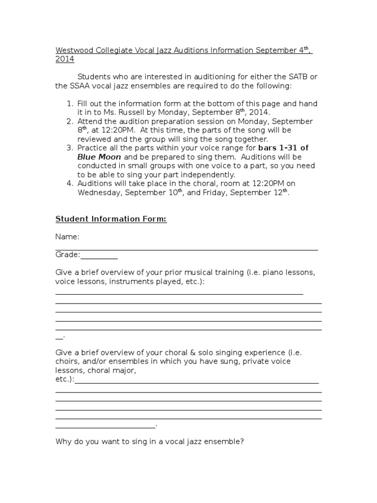 Westwood Vocal Jazz Audition Details | PDF | Audition | Choir
