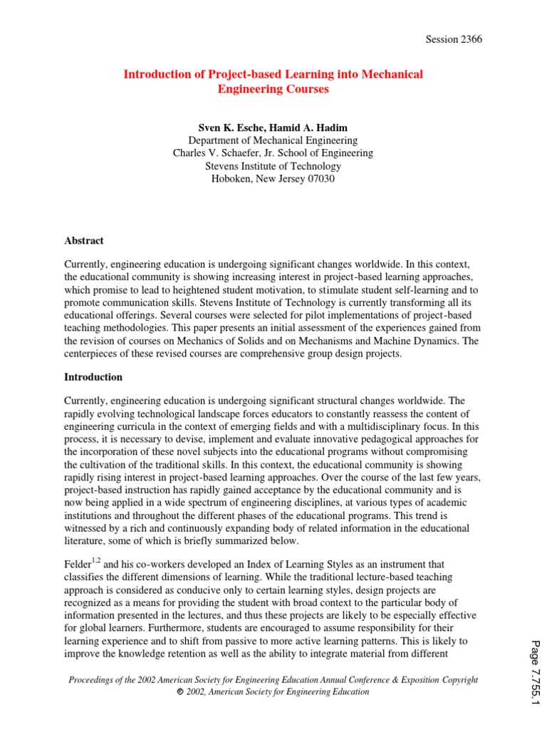 Introduction of Project Based Learning Into Mechanical Engineering ...
