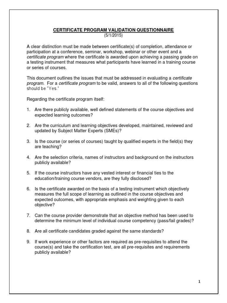 Certificate Program Validation Questionnaire | PDF | Professional ...