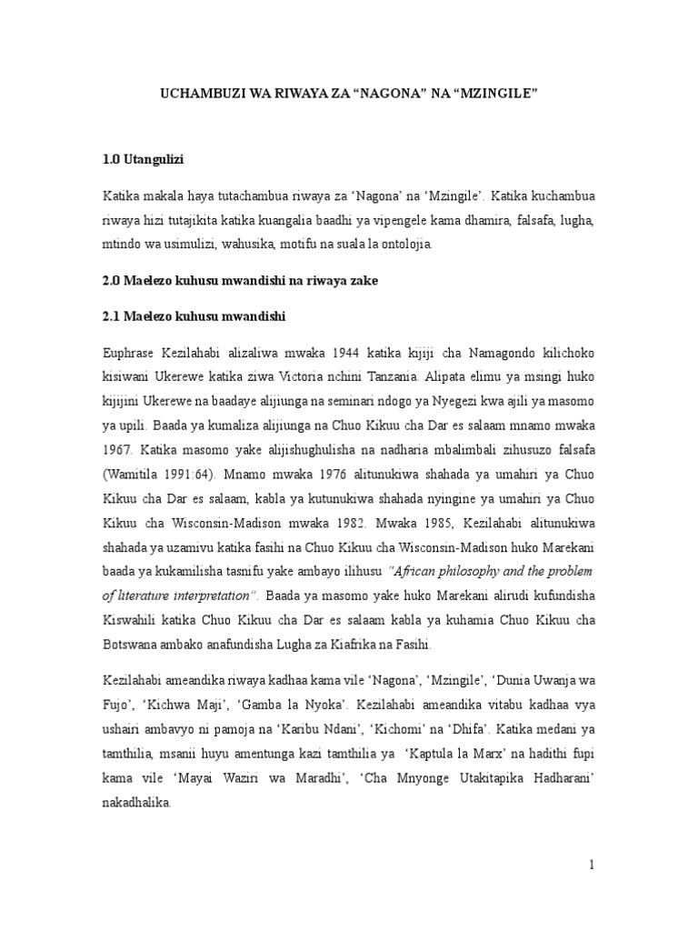 Uchambuzi Wa Riwaya Za Nagona Na Mzingil | PDF