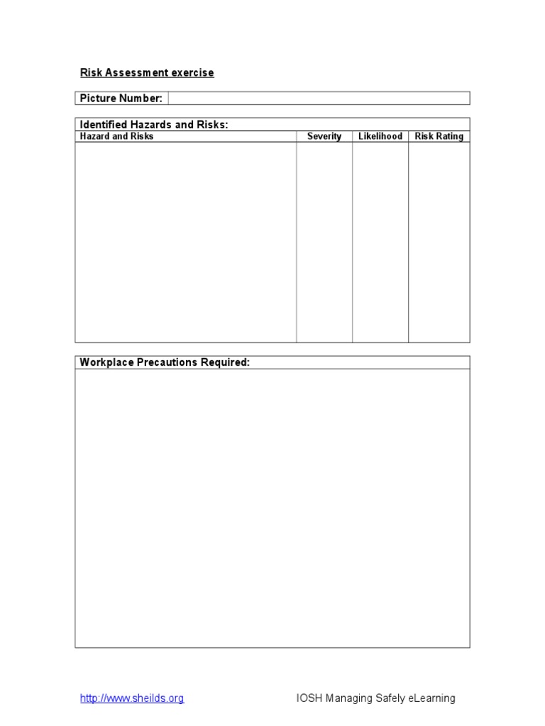 Risk Assessment Exercise Picture Number: Identified Hazards and Risks | PDF