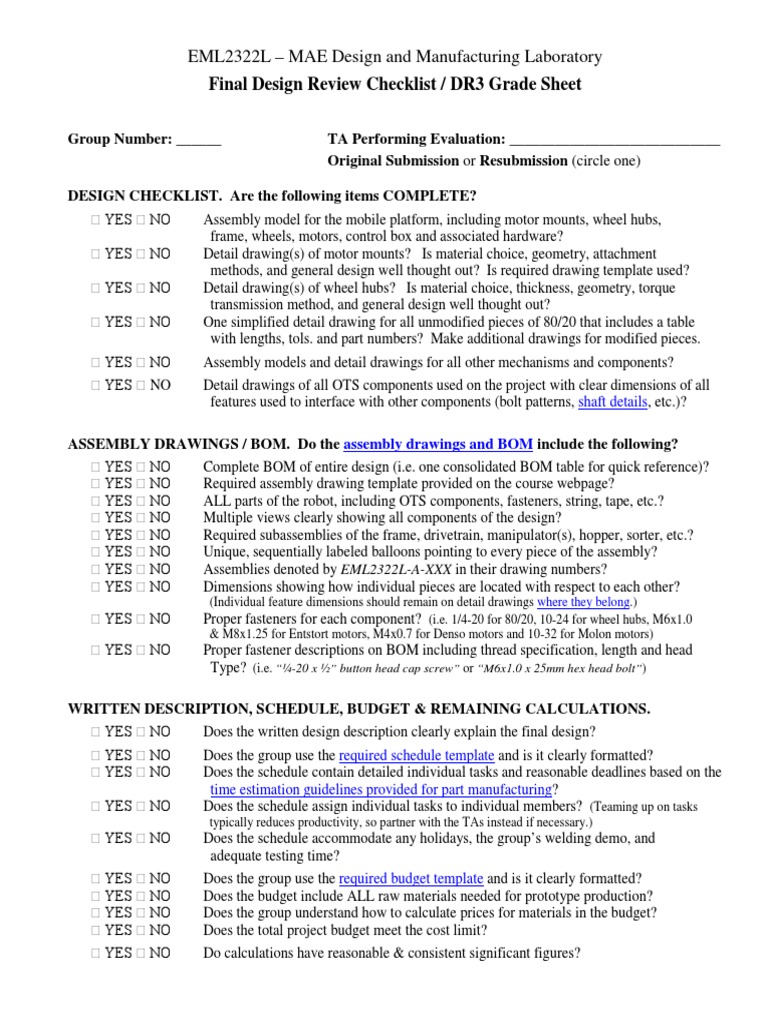 EML2322L Final Design Review Checklist | PDF | Screw | Industries