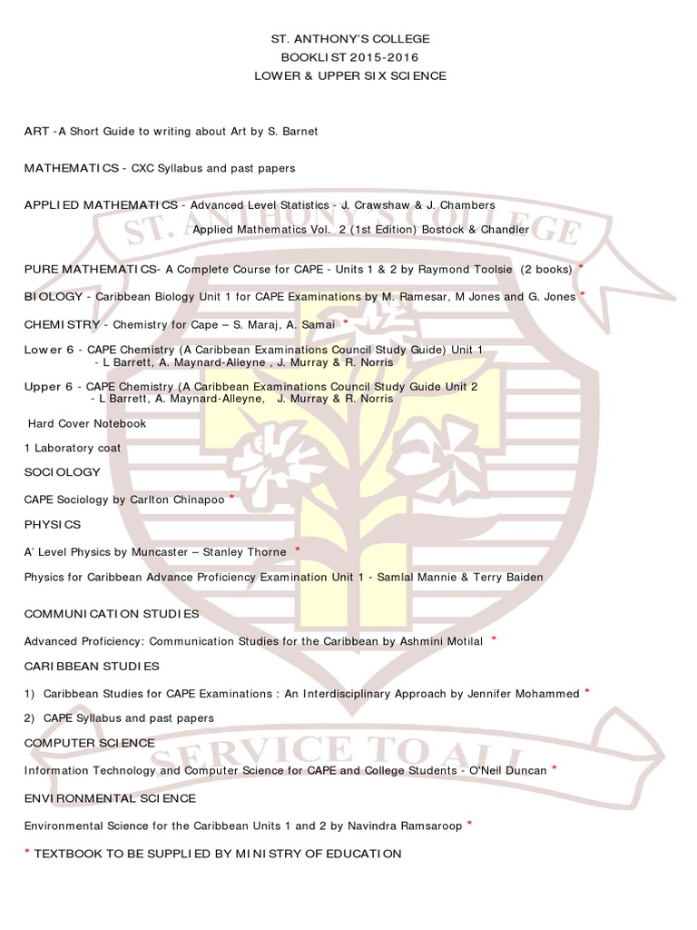 2015 To 2016 Form 6 Science Book Lists | PDF